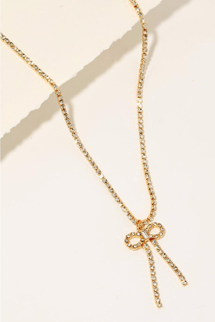 Rhinestone Gold Chain And Ribbon Bow Pendant Necklace – Pippa & Pearl