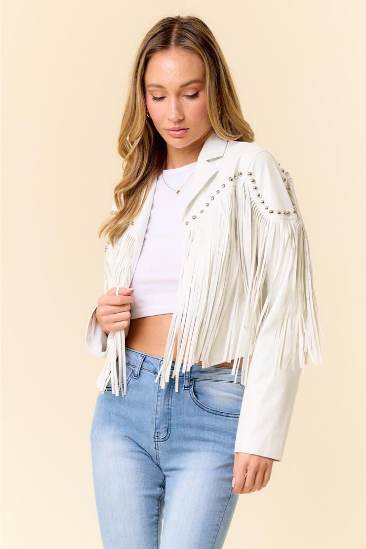 Callie Fringe Faux Leather Stud Detail Jacket - White – Pippa & Pearl